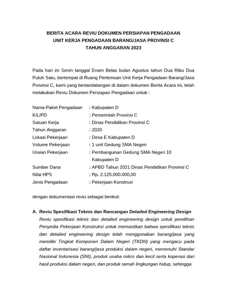 Berita Acara Reviu Dokumen Persiapan Pengadaan Pek Konstruksi | PDF
