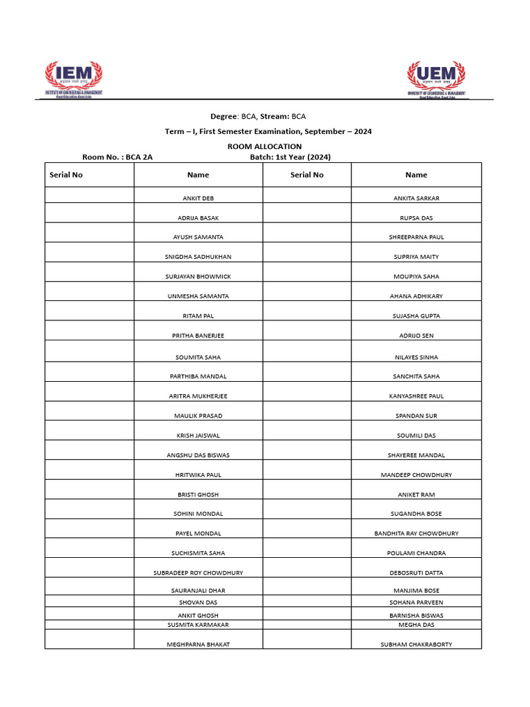 September2024 - TERM - I ROOM ALLOCATION - IEM - SALTLAKE - 2024 ADMISSION | PDF