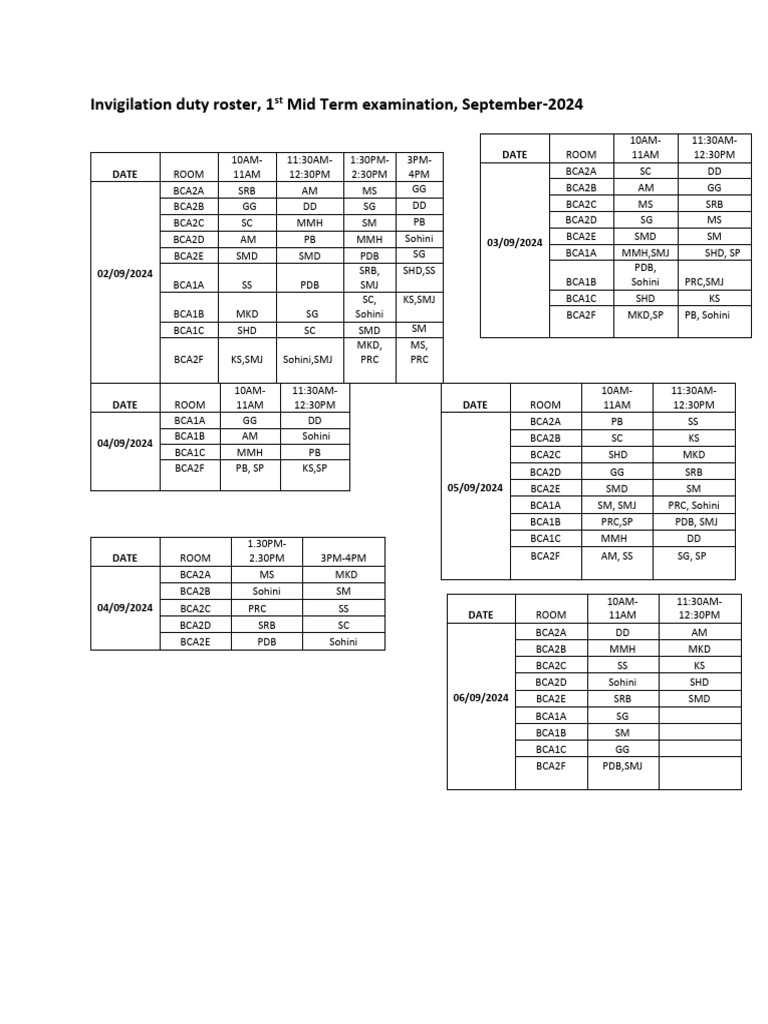 Invigilation Duty Roster - Midsem 1 | PDF