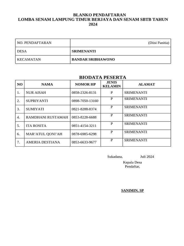 Blanko Pendaftaran Lomba Senam 2024 | PDF