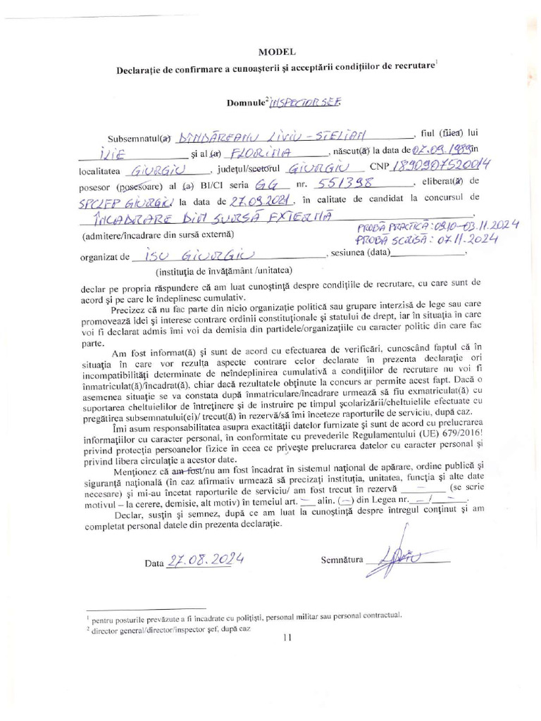 Declaraţie de Confirmare A Cunoaşterii Şi Acceptării Condiţiilor de Recrutare | PDF