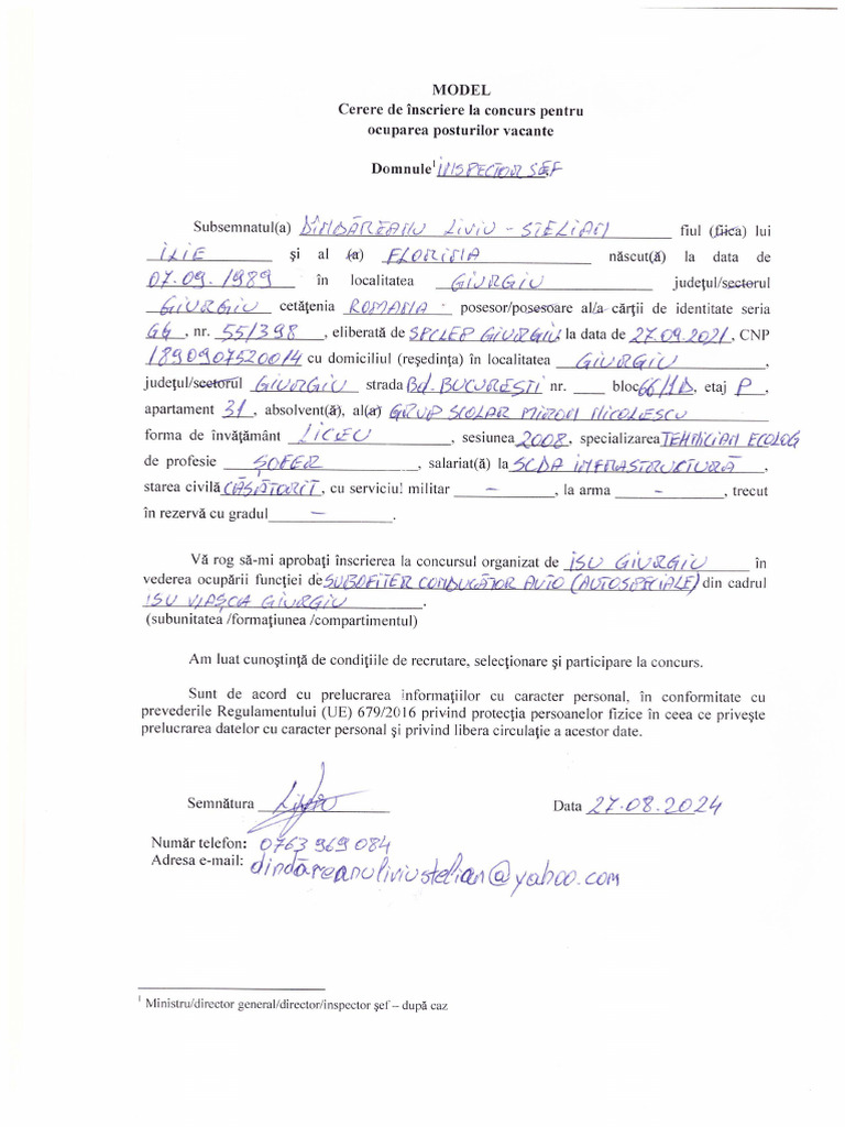 Cerere de Înscriere La Concurs Pentru Ocuparea Posturilor Vacante | PDF