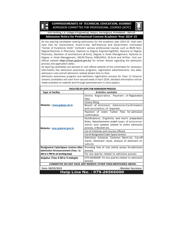 Gujarat ACPC 2024-25 Admissions Notice | PDF
