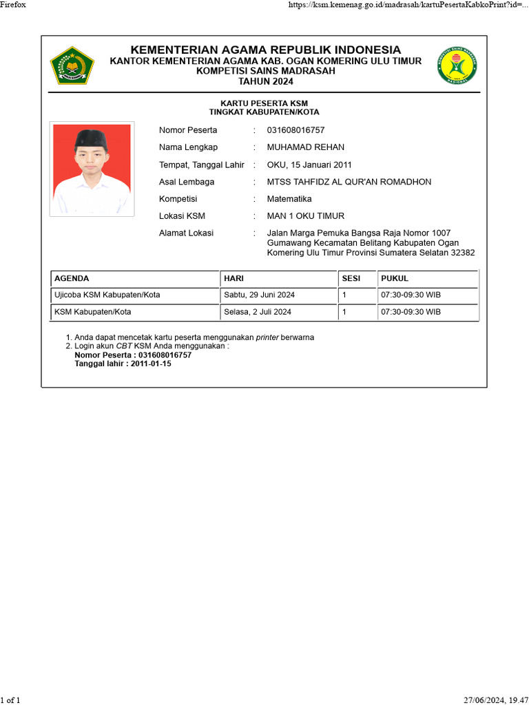 KartuPesertaKabkoPrint Rehan | PDF