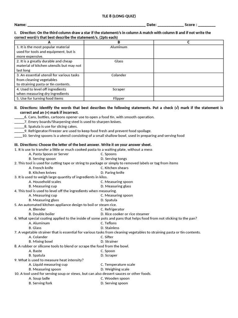 Tle 8 (Long Quiz) Lesson 1 | PDF
