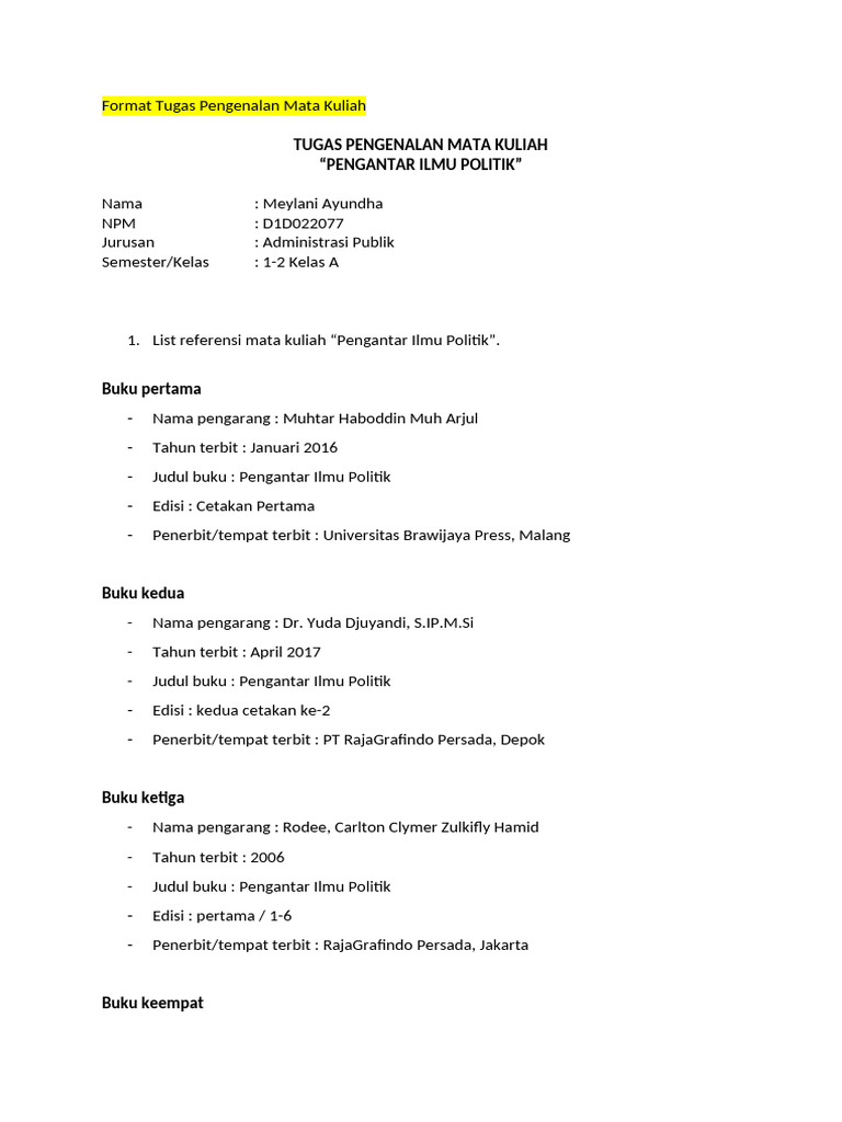 Format Tugas Pengenalan Mata Kuliah | PDF