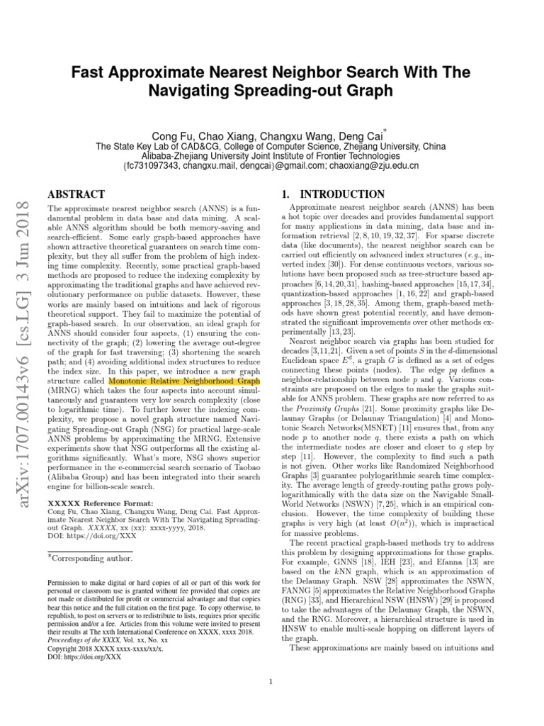 Fast Approximate Nearest Neighbor Search With The Navigating Spreading-Out Graph | PDF