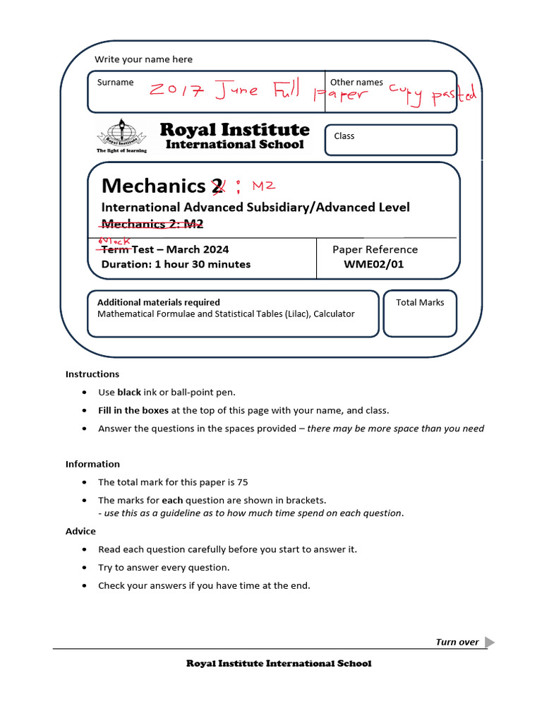 Mechanics 2 Term Test Instructions | PDF | Tests | Qualifications