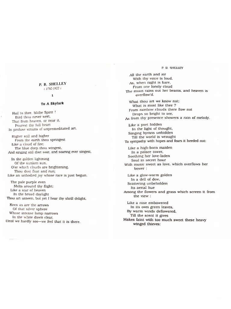 P.B. Shelly To A Skylark Poem | PDF