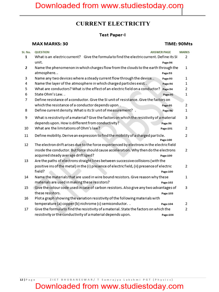 CBSE Class 12 Physics Current Electricity Important Questions | PDF