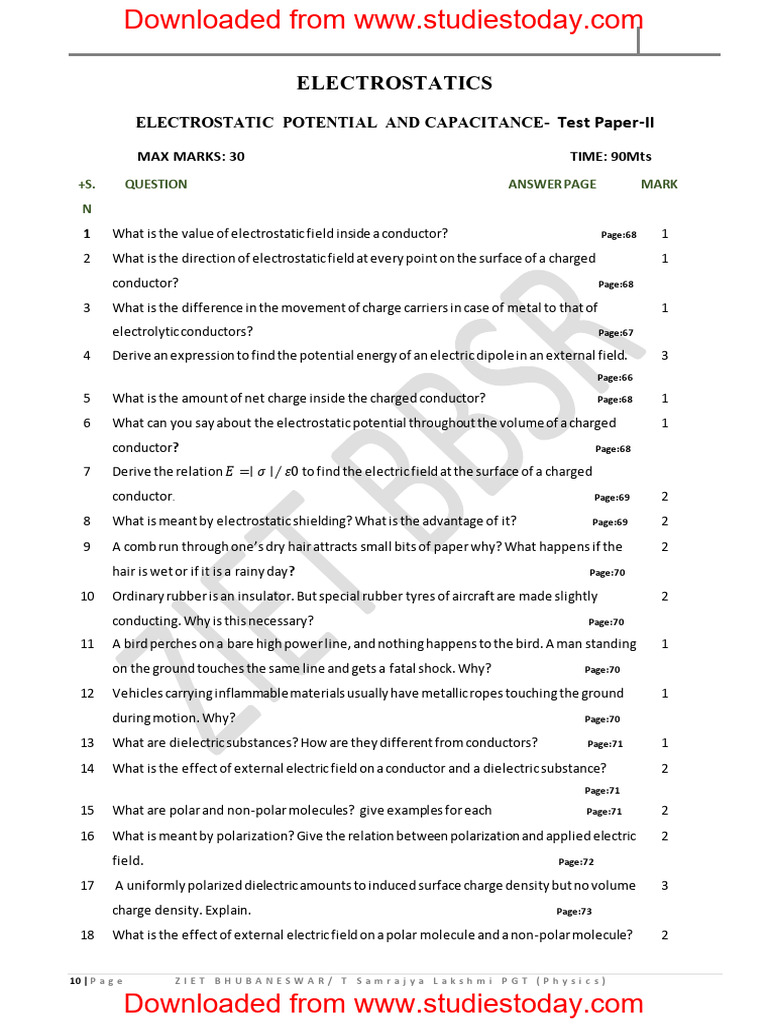 CBSE Class 12 Physics Electrostatic Potential and Capacitance Important ...