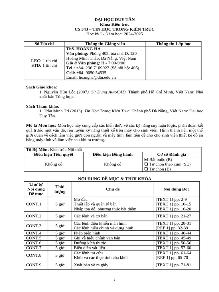 CS 343 - Tin Hoc Trong Kien Truc - 2024F - Syllabus (Đ I L I) | PDF