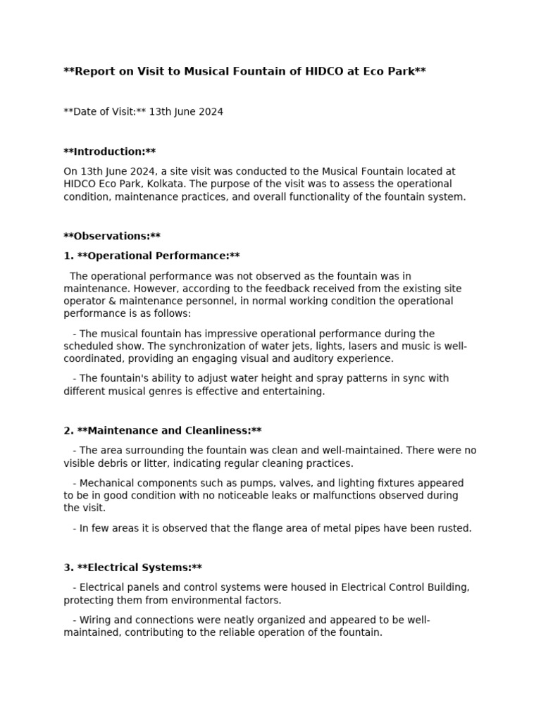 Report On Visit To Musical Fountain of HIDCO Eco Park | PDF