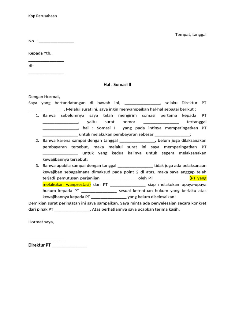 Surat Peringatan Kedua Dan Seterusnya (Somasi Kedua Dan Seterusnya) | PDF