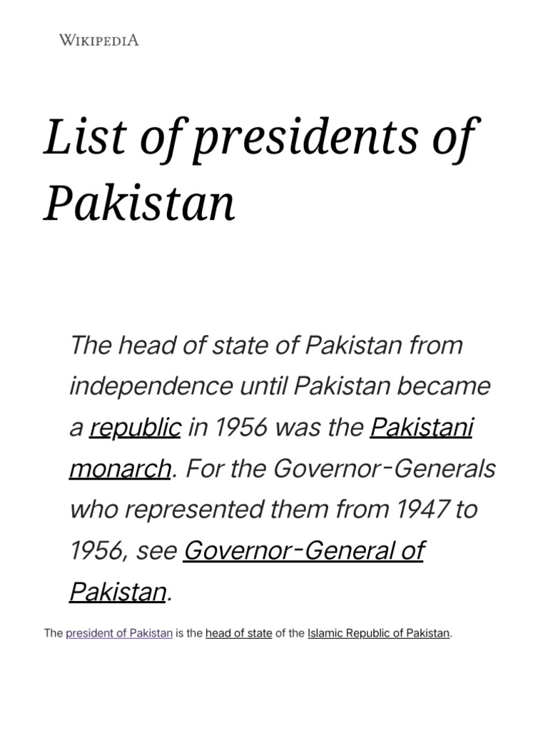 List of Presidents of Pakistan - Wikipedia | PDF