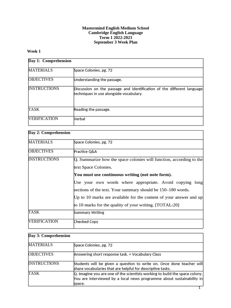 Cambridge Lesson Plan WK 1 September | PDF