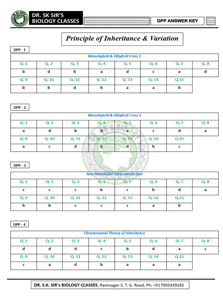 Principles of Inheritance DPP (1-7) Answer Key | PDF Principles of Inheritance DPP (1-7) Answer Key | PDF