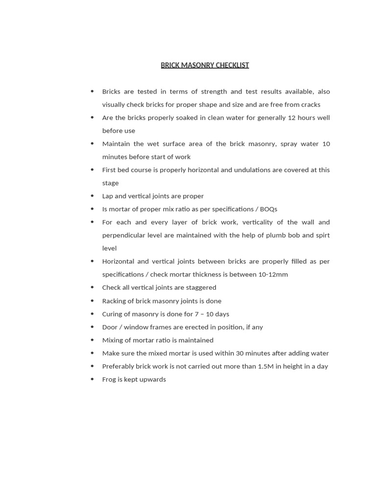 check list Brick Masonry | PDF