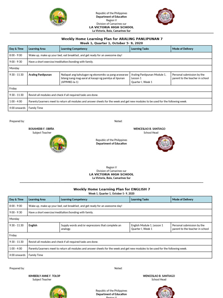 6 - Weekly Home Learning Plan | PDF