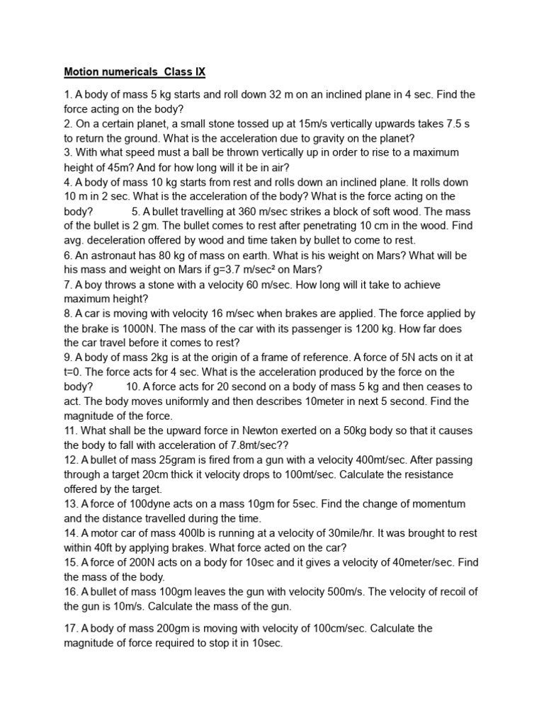 Motion and Gravitation Numericals Class 9 | PDF