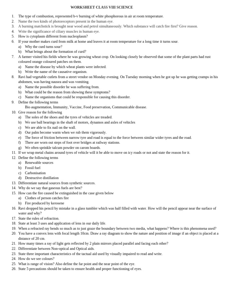 Worksheet Class Viii Science | PDF