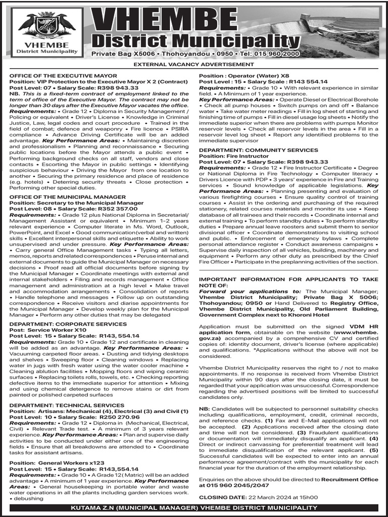 Vhembe District Municipality Vacancies | PDF