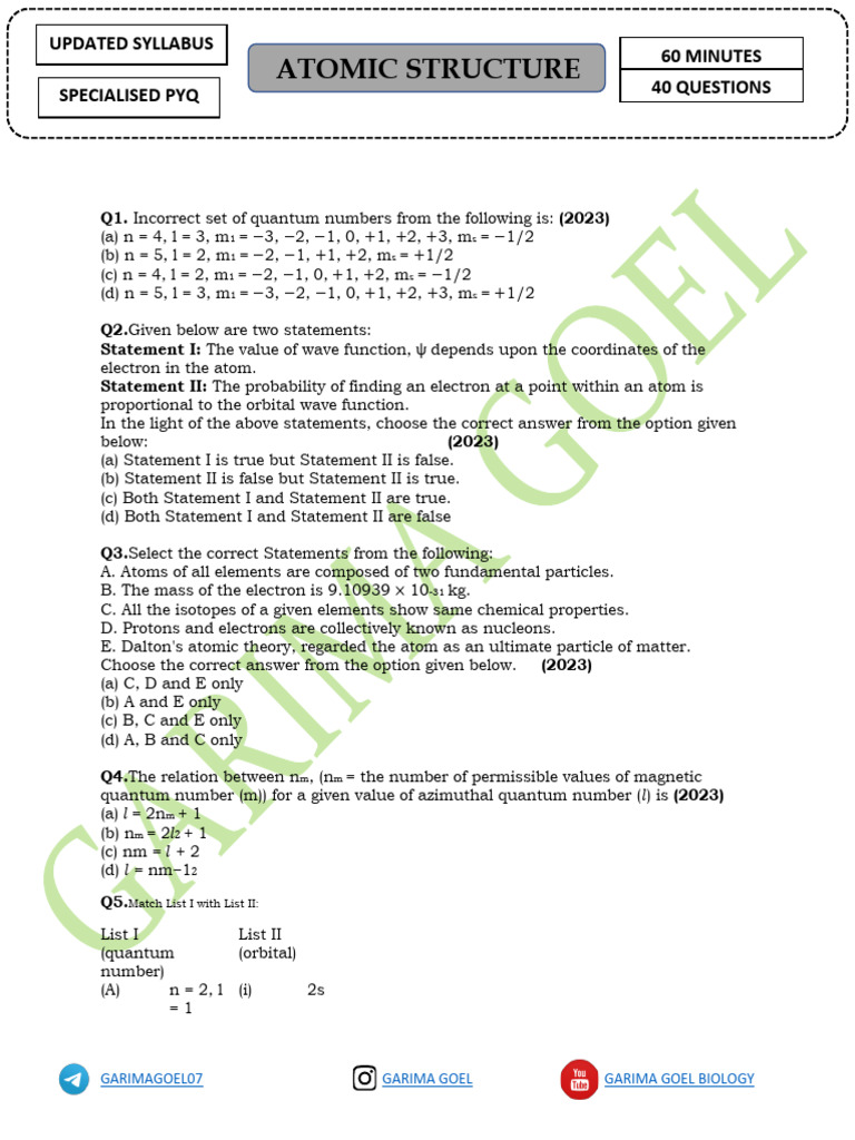 ATOMIC STRUCTURE - 20 Years Specialized Pyq by Garima Goel | PDF | Atomic Orbital | Electron