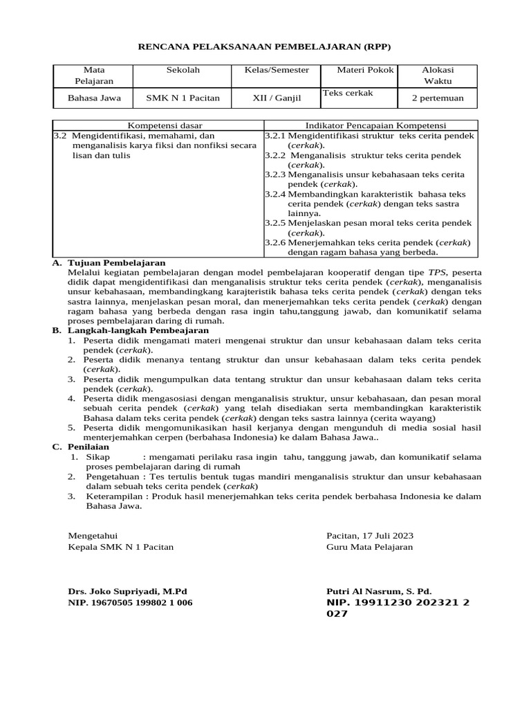 06-Rpp-Xii-Bahasa Jawa (Teks Cerkak) | PDF