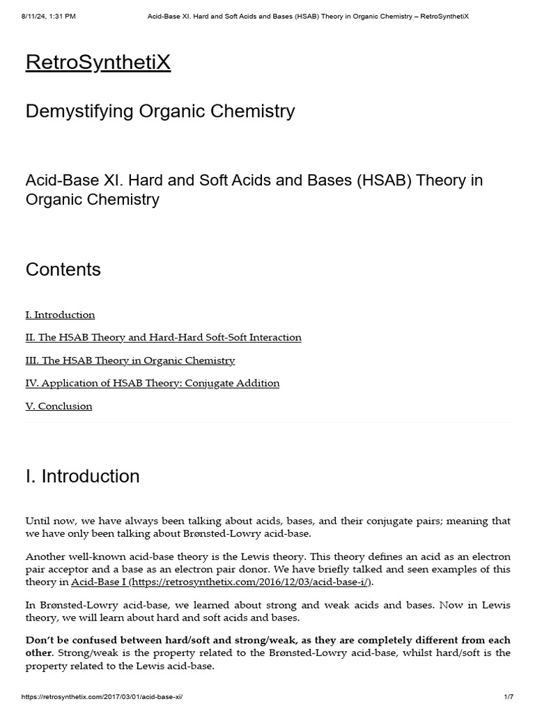 Acid-Base XI. Hard and Soft Acids and Bases (HSAB) Theory in Organic ...