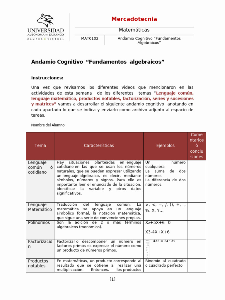 Andamio Cognitivo Fundamentos Algebraicos - Erik Daniel Resendiz Olmos | PDF