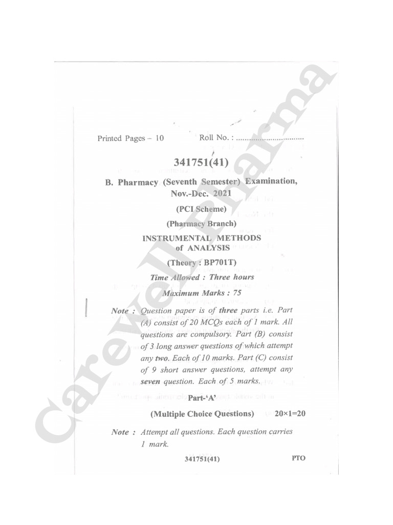 7th Sem, CSVTU Previous Year Question Paper, Carewell Pharma | PDF