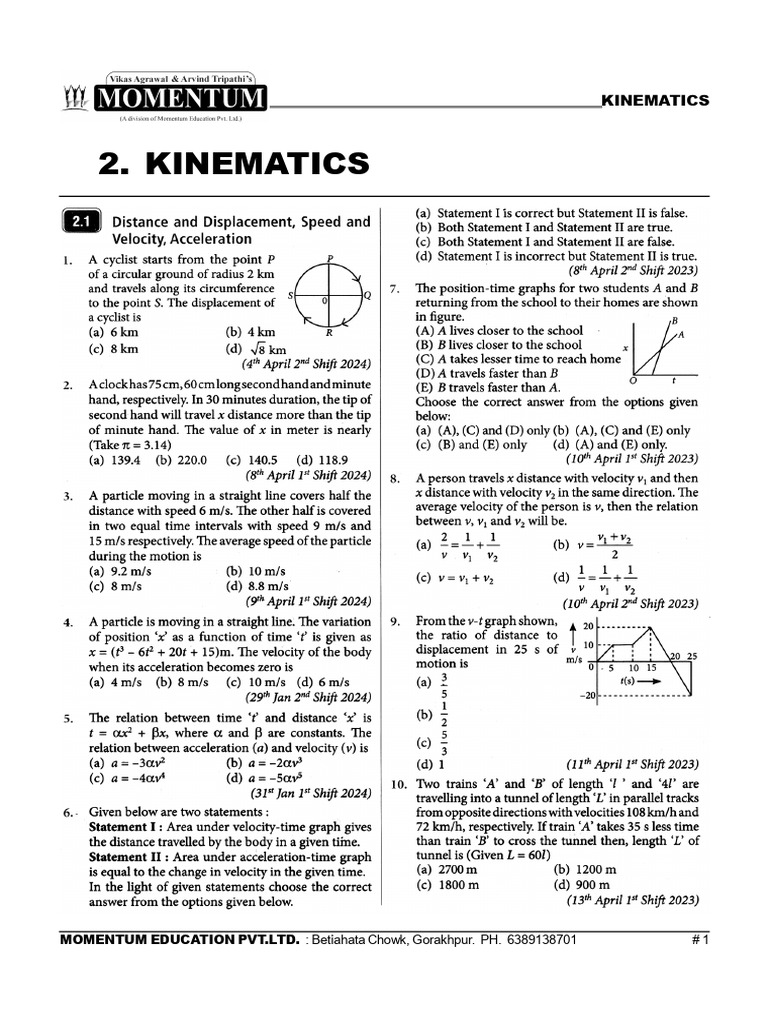 JEE Main Flash Back (Kinematics) | PDF