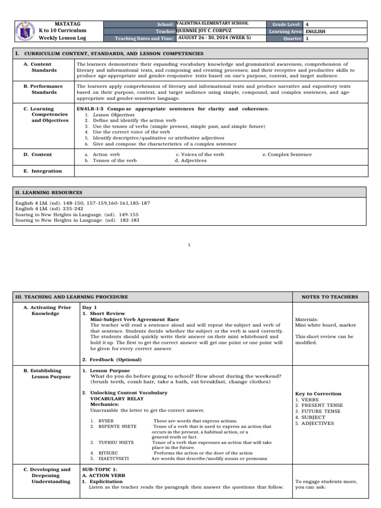 DLL Matatag - English 4 Q1 W5 | PDF