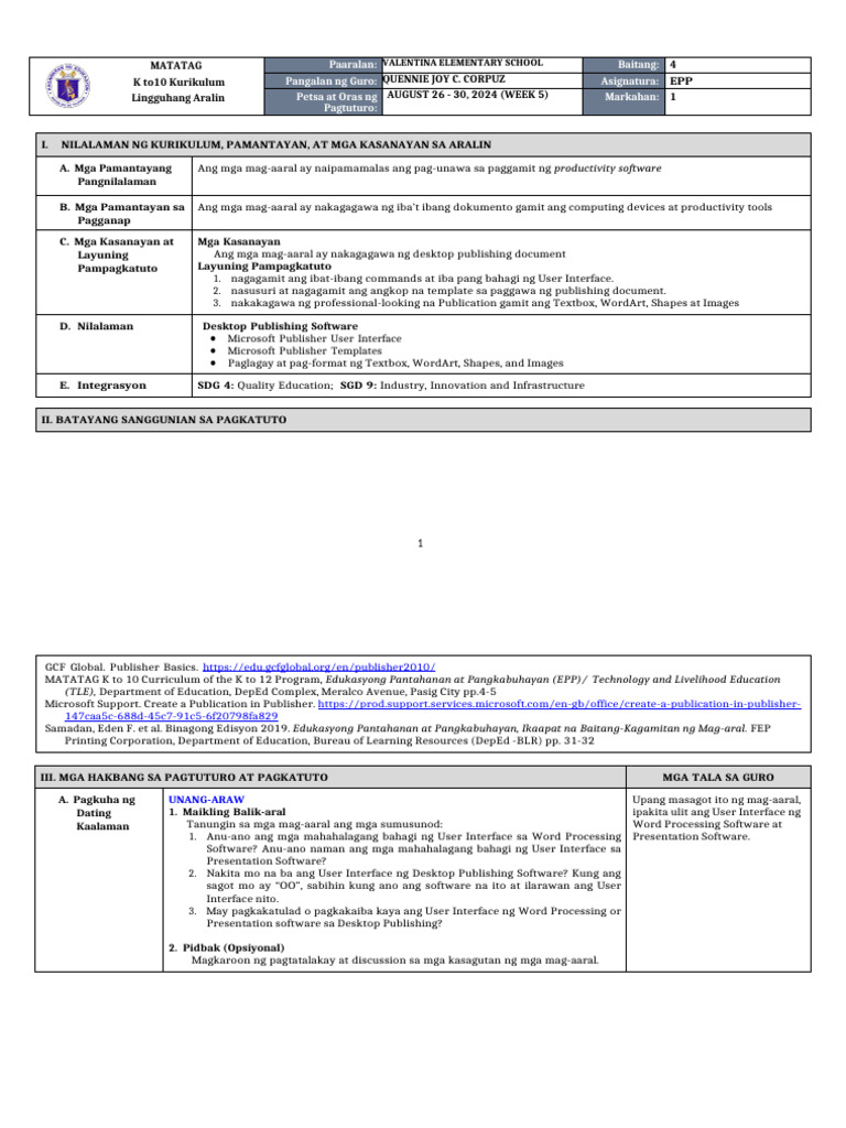 DLL Matatag - Epp 4 Q1 W5 | PDF