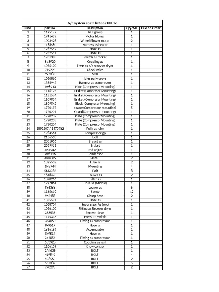 Ac System Parts List | PDF