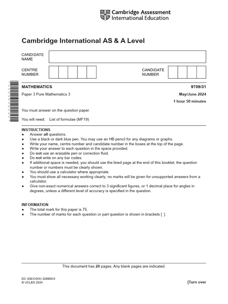 Cambridge International AS & A Level: MATHEMATICS 9709/31 | PDF