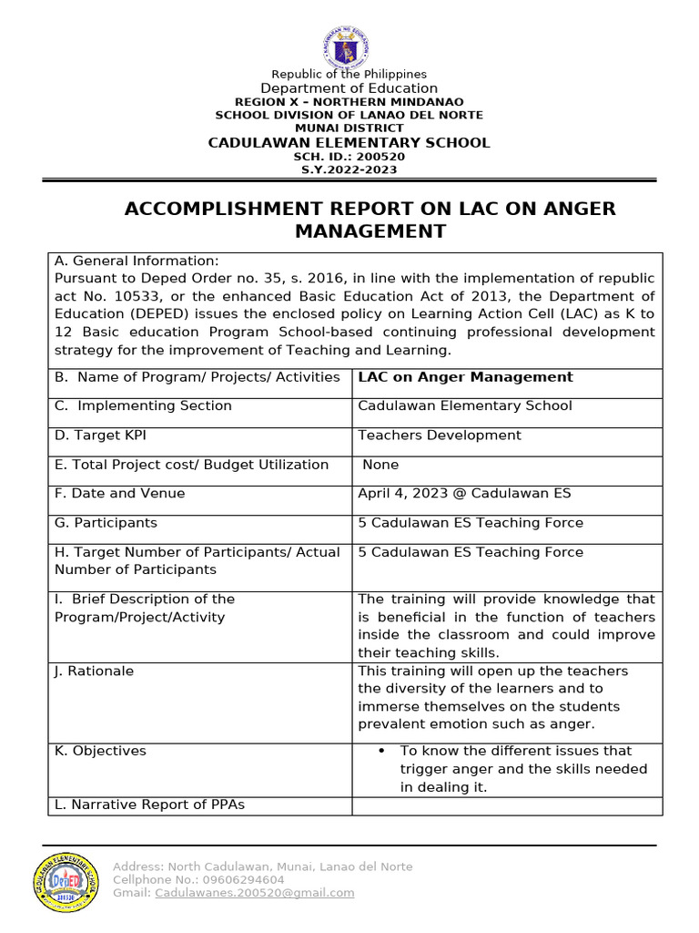 Lac on Anger Management Accomplishment Reports | PDF