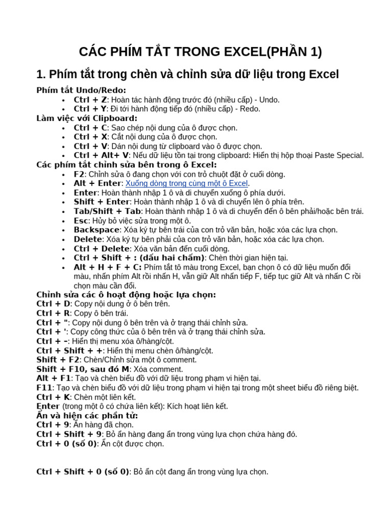 Tài Liệu - Các Phím Tắt Trong Excel | PDF
