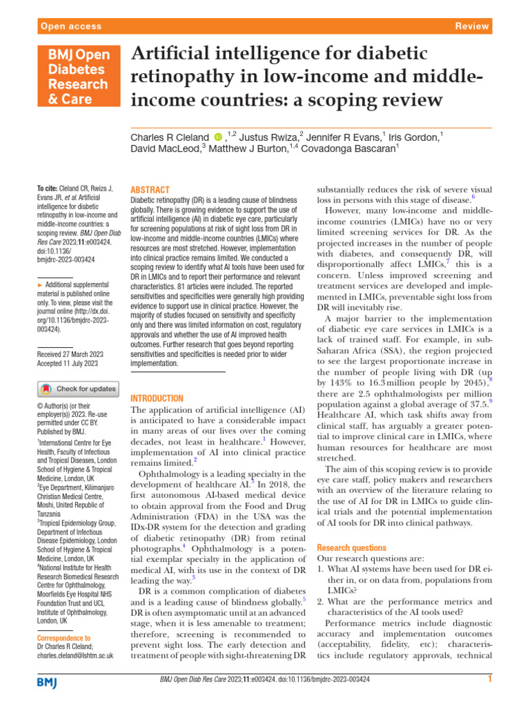 Artificial Intelligence For Diabetic Retinopathy I | PDF