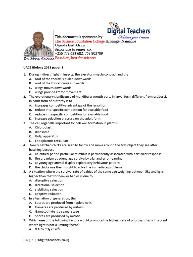 UACE Biology 2023 Paper 1 | PDF