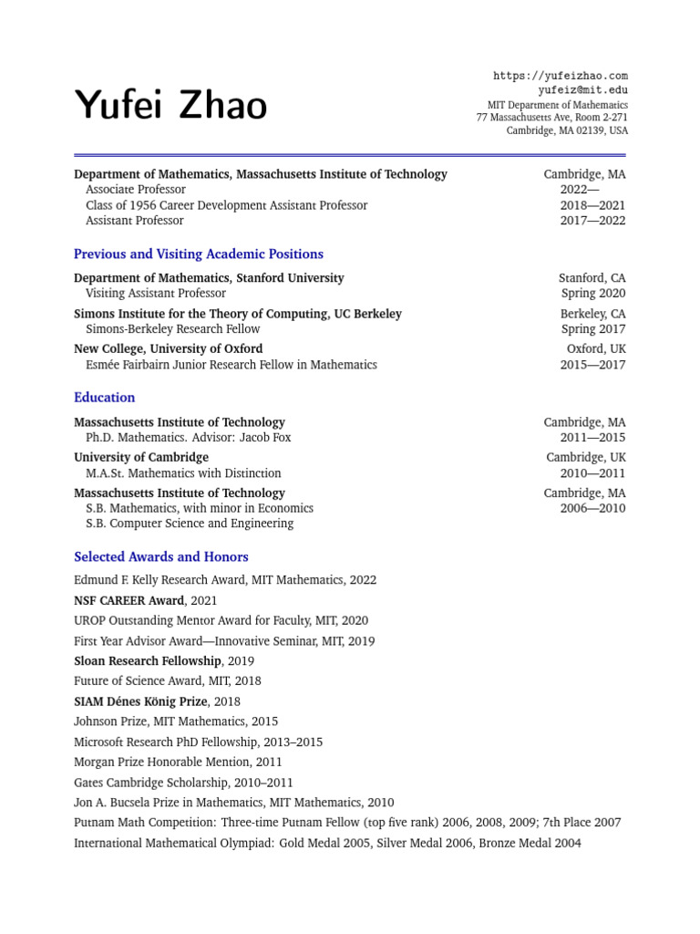 Yufei Zhao: Previous and Visiting Academic Positions | PDF