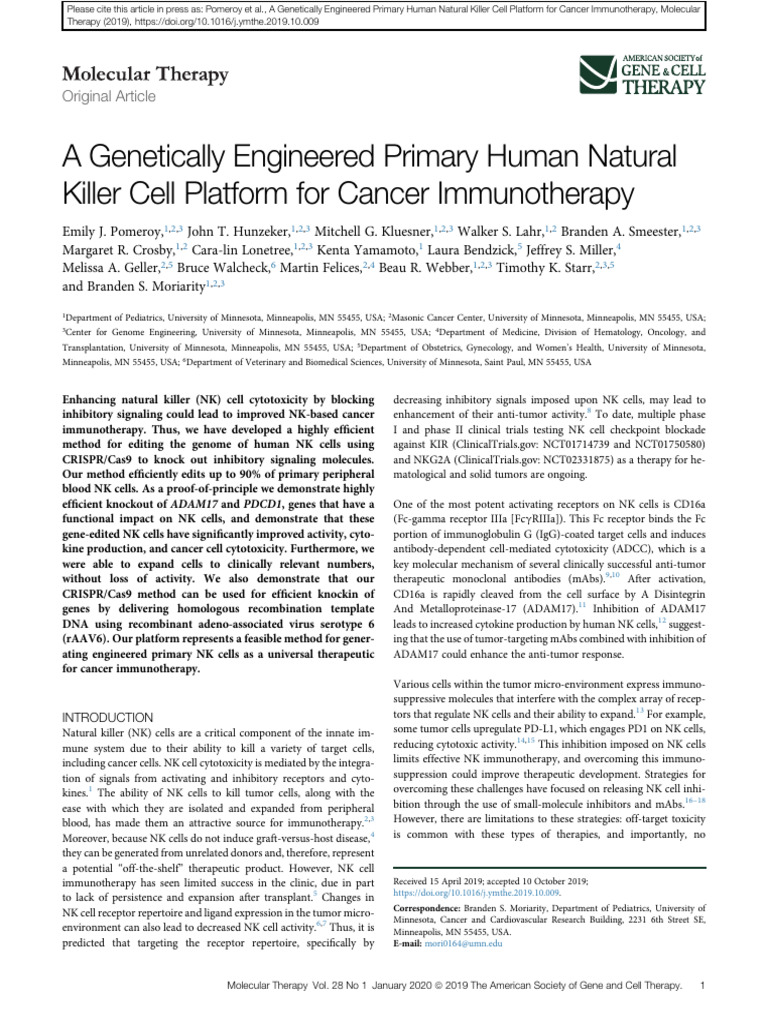 A Genetically Engineered Primary Human Natural Killer Cell Platform For 3060