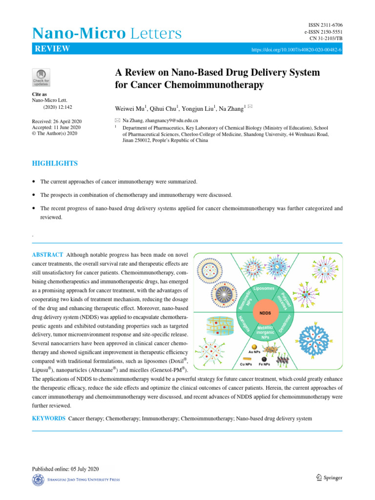 A Review On Nano-Based Drug Delivery System For Cancer Chemoimmunotherapy | PDF