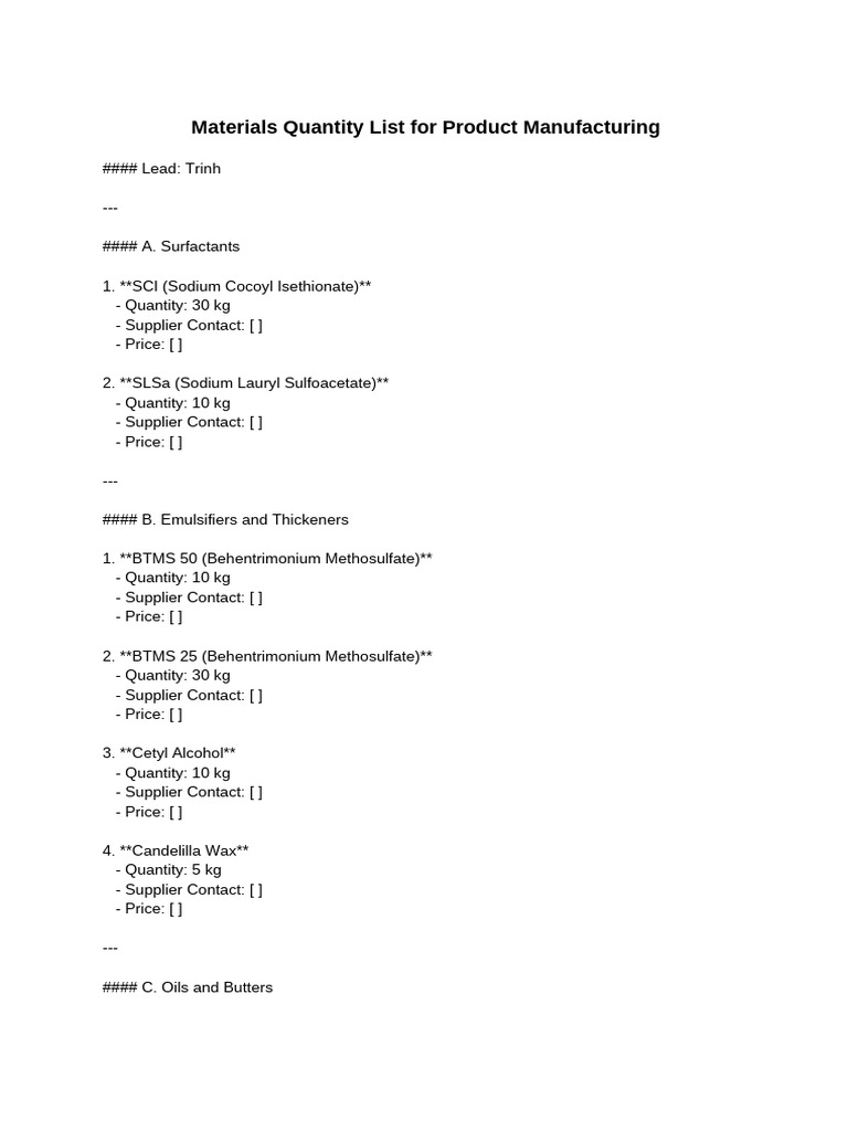 Materials Quantity List For Product Manufacturing | PDF