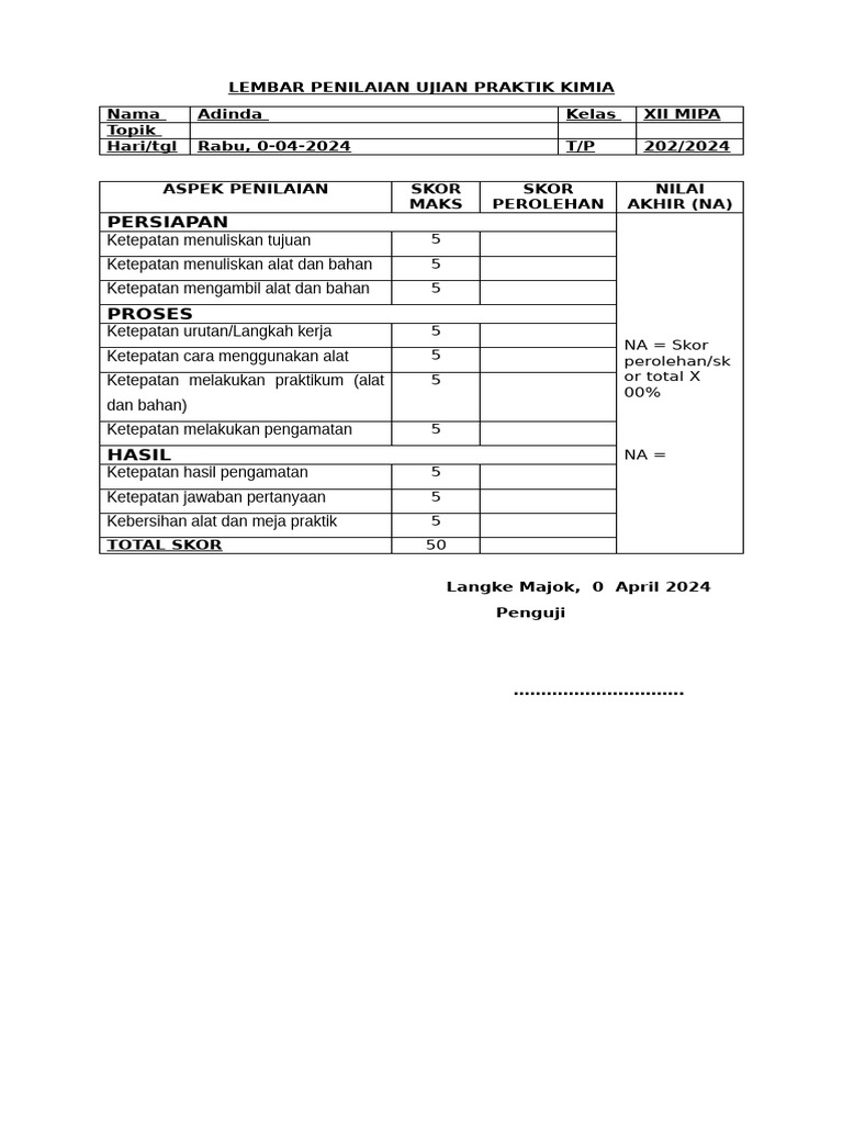 Lembar Penilaian Ujian Praktik Kimia | PDF