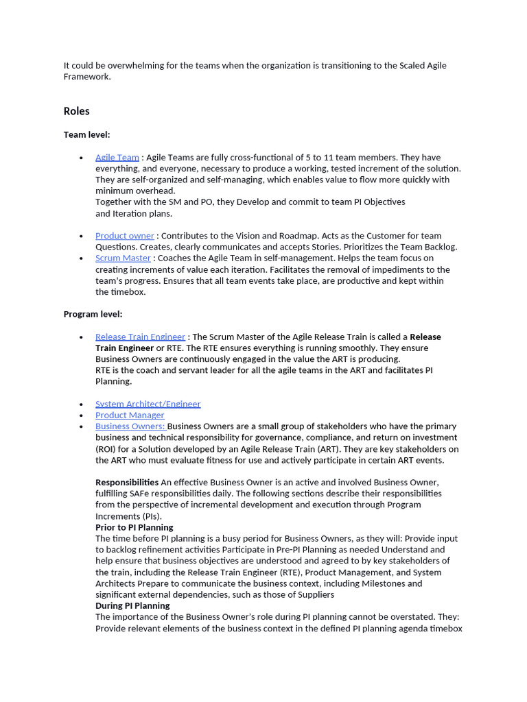 SAFe Roles, Events and Artifacts | PDF