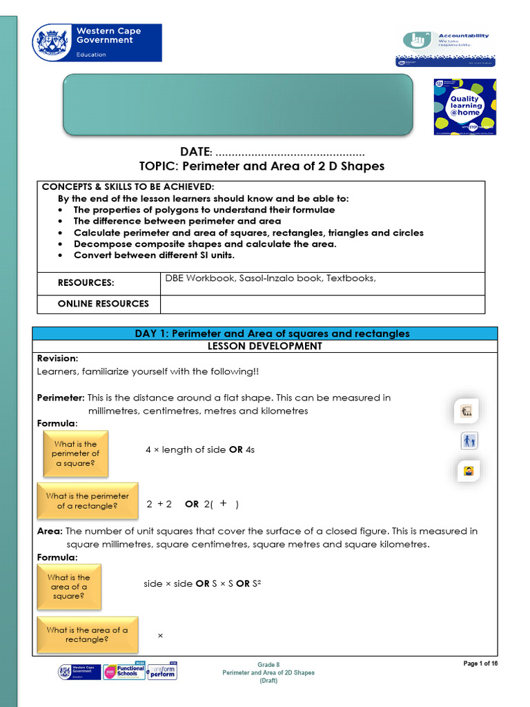 Lesson Plan Gr. 8 Mathematics Area and perimeter | PDF