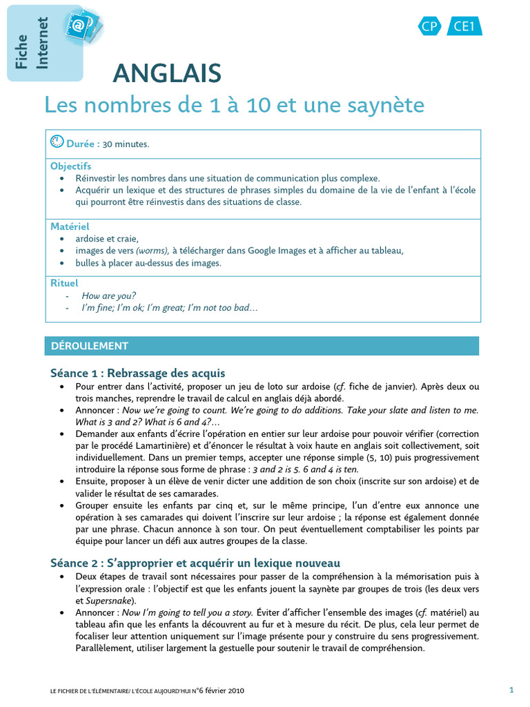 ANGLAIS-Nb de 1 À 10-saynète-CP CE | PDF