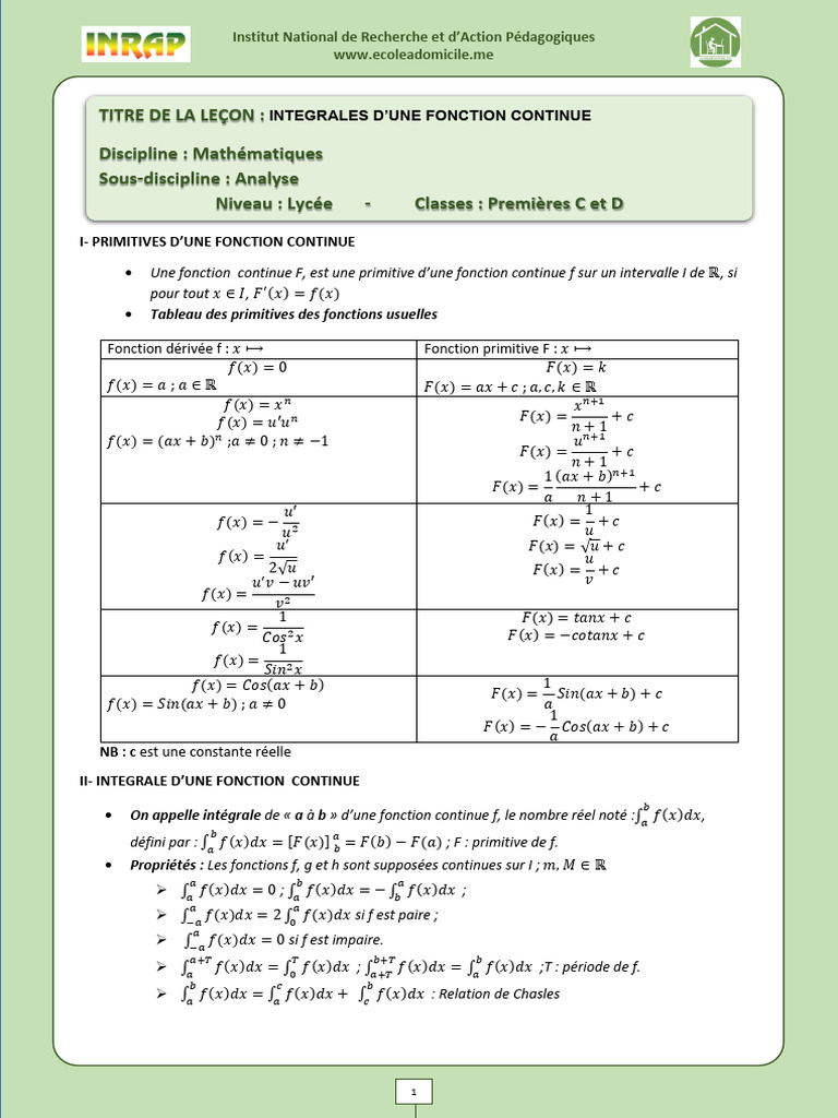Maths - 1ere C-D - Integrales Dune Fonction Continue | PDF