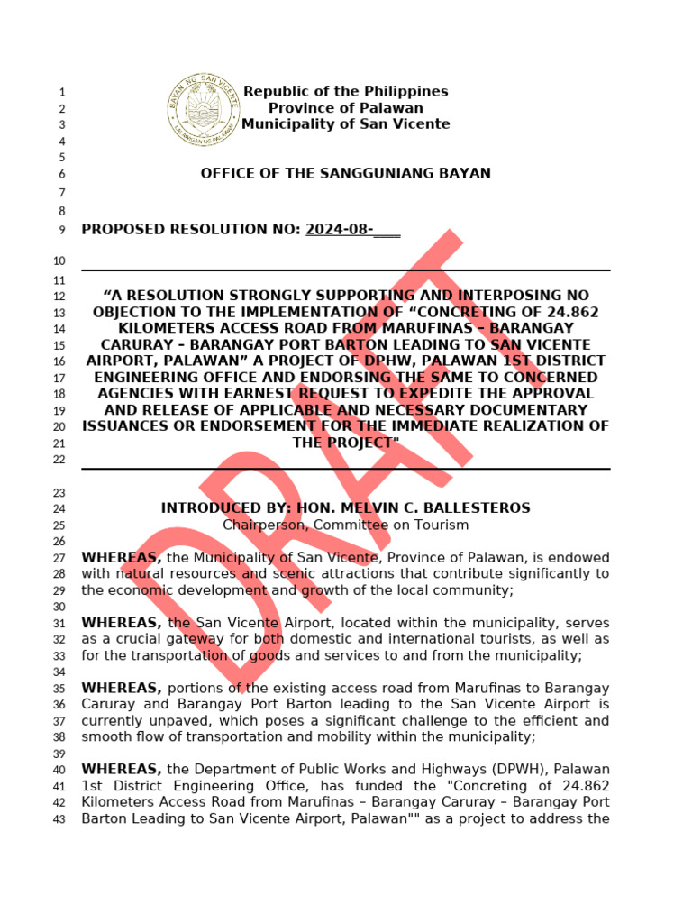 Proposed Resolution No. 2024-08 - Endorsing and DPWH Project (Caruray Road) - SB MCB | PDF